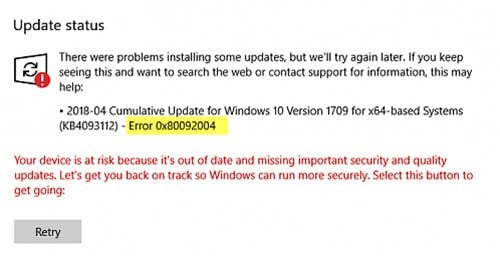Corregir error de Windows Update 0x80092004