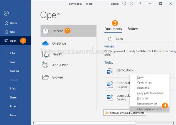2 Méthodes pour effacer les documents récents dans Word Word 2019/2016 ...