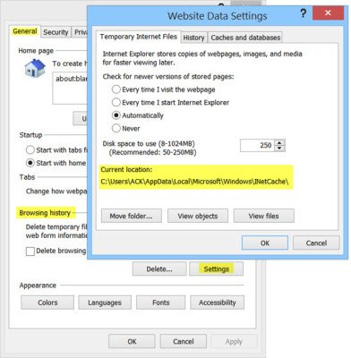Emplacement du dossier des fichiers Internet temporaire dans Windows 11 ...