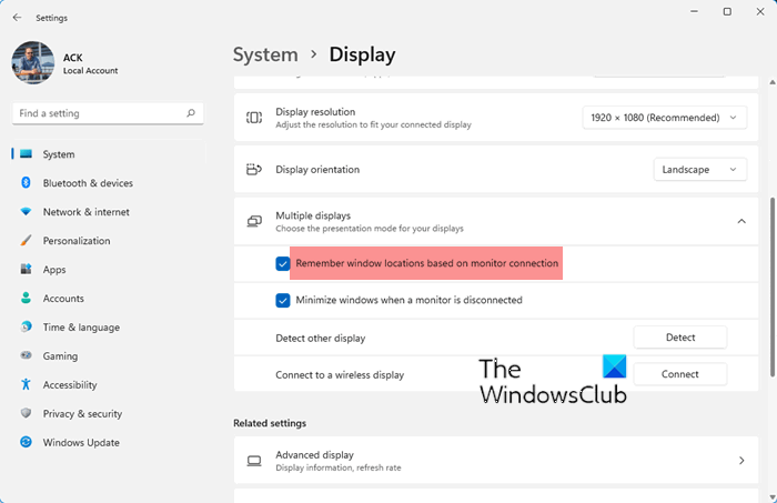 Recordar la ubicación de la ventana en varios monitores en Windows 11