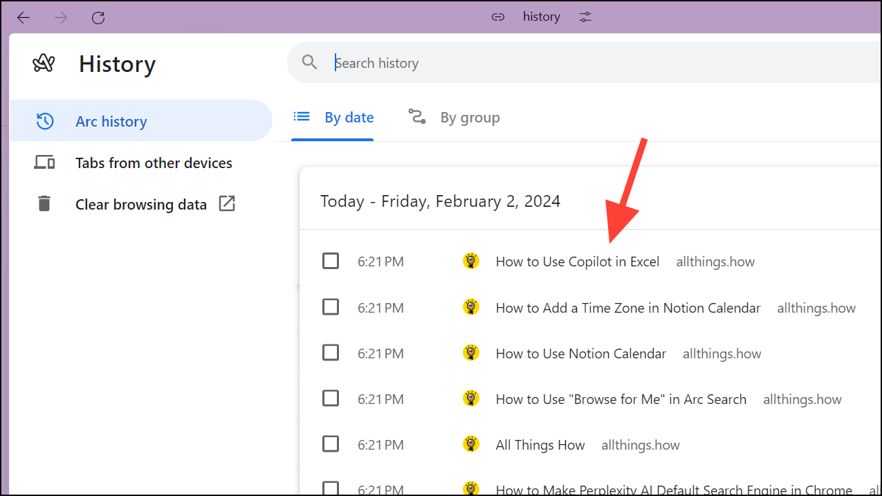 Come visualizzare la cronologia delle schede nel browser ad arco su Windows