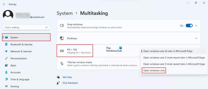 Come rimuovere le schede del browser Edge da Alt+Tab in Windows 11/10