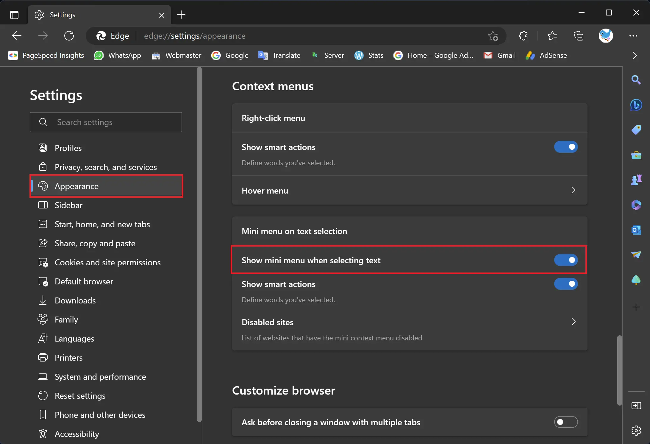 Microsoft Edgeでテキストを選択するときにミニメニューを有効または無効にするにはどうすればよいですか? - Tiempo de ...