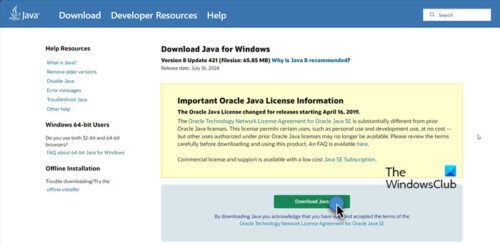 Javaをインストールできません。次のスイッチにはエラーがあります