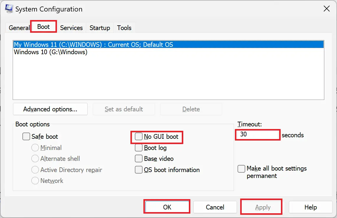 Kaip pakeisti įkrovos meniu skirtąjį laiką „Windows 11“ arba „Windows 10“?