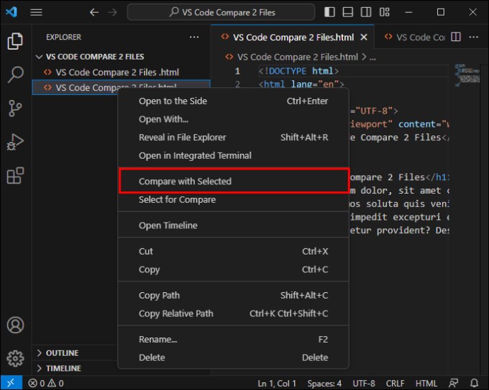 Como comparar 2 arquivos no código VS