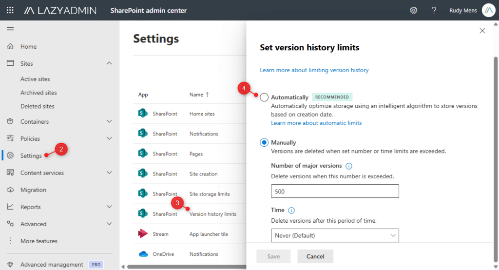 Controle o armazenamento do SharePoint com limites de histórico de ...