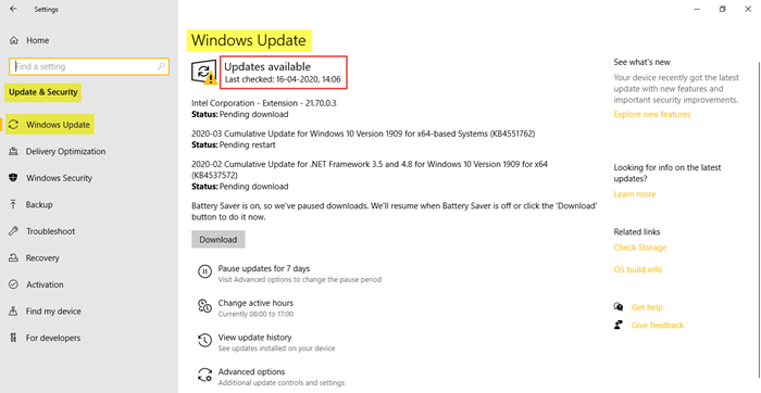 Configurações do Windows Update e segurança no Windows 10