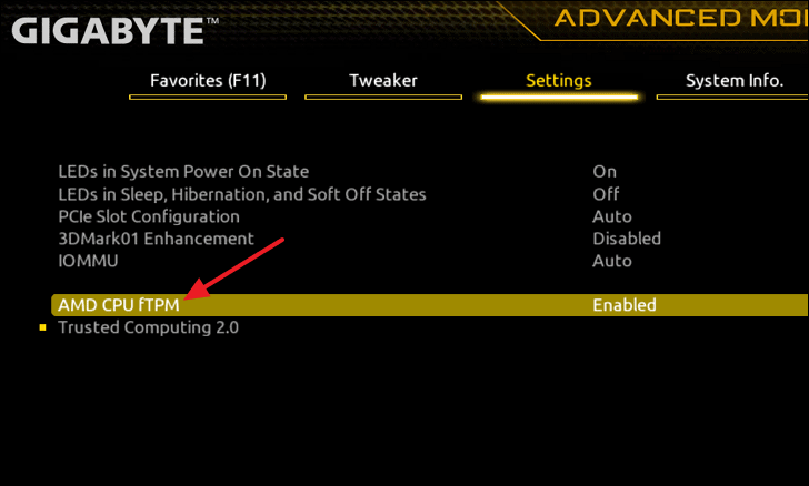 Cómo habilitar TPM 2.0 en la configuración de Gigabyte BIOS