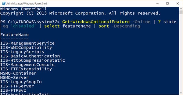 Genere la lista de funciones deshabilitadas en Windows 11/10 usando PowerShell