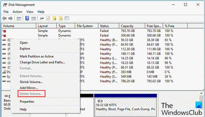 No se puede eliminar la partición del disco porque la opción Eliminar ...