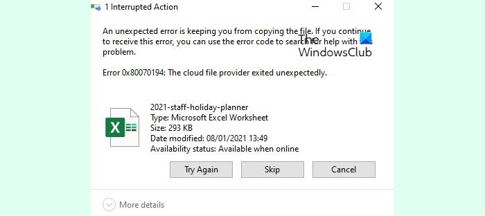 Solucione el error de OneDrive 0x80070194, el proveedor de archivos en ...