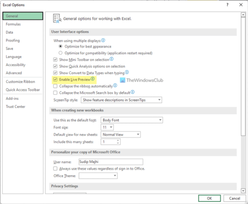 Cómo habilitar o deshabilitar la Vista previa en vivo en Word, Excel ...