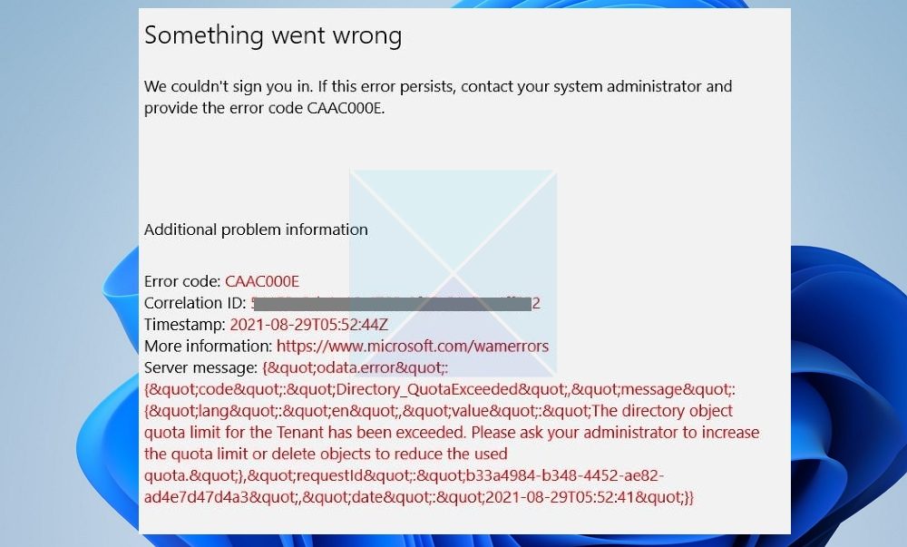 CAAC000E Error de límite o límite de dispositivo alcanzado en Microsoft ...