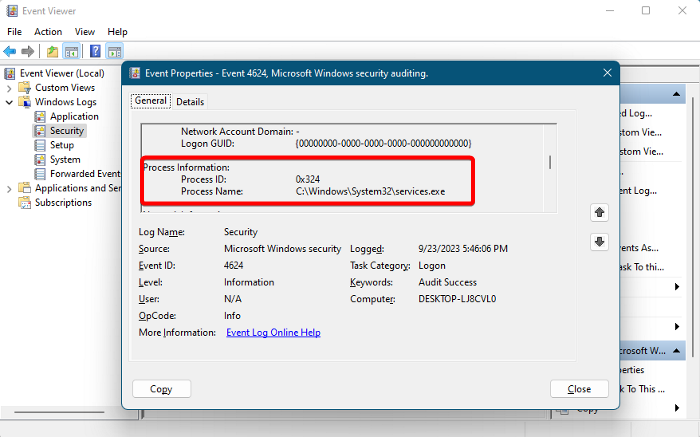 ID de evento 4624, una cuenta se registró correctamente - Tiempo de Frikis