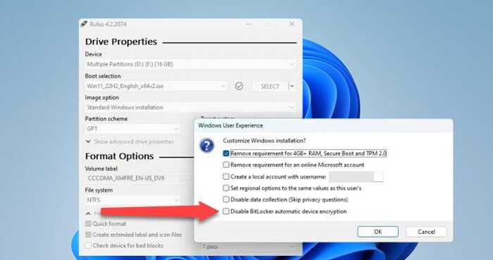 Deshabilite el cifrado automático de dispositivo BitLocker durante la instalación en Windows 11
